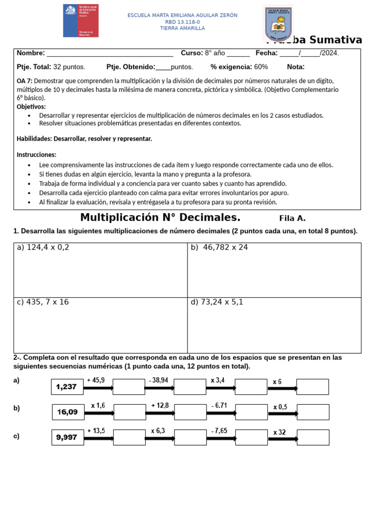 Prueba Multiplicación Decimales | PDF