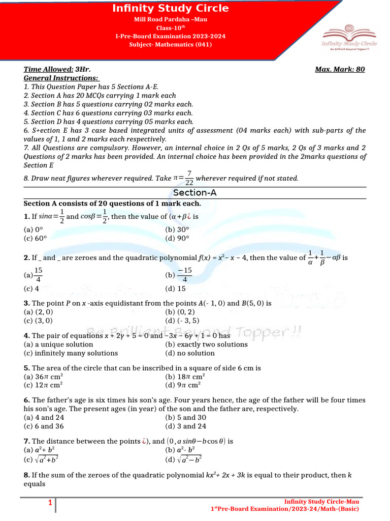 MTH Preboard Class-10 1st - Basic | PDF | Blood Type | Area