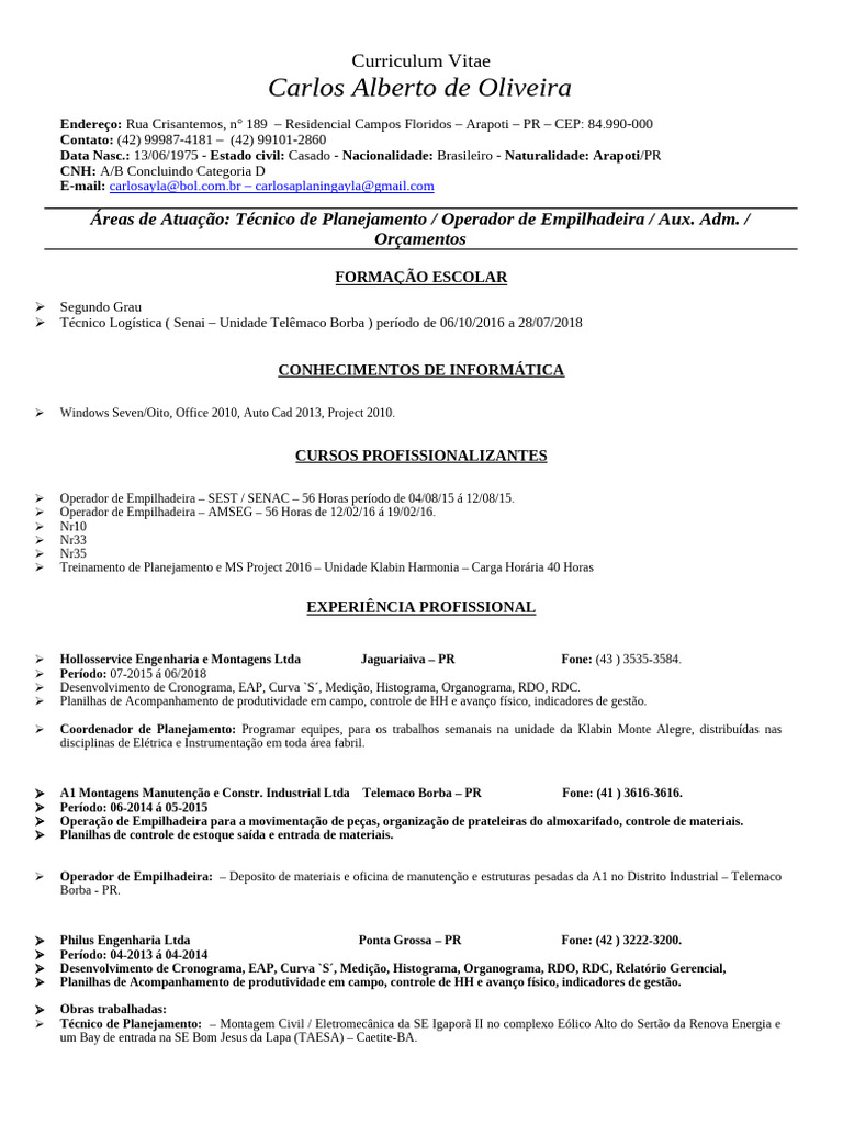 1 - CURRICULUM_Carlos_Alberto-Planejamento 1 | PDF | Engenharia