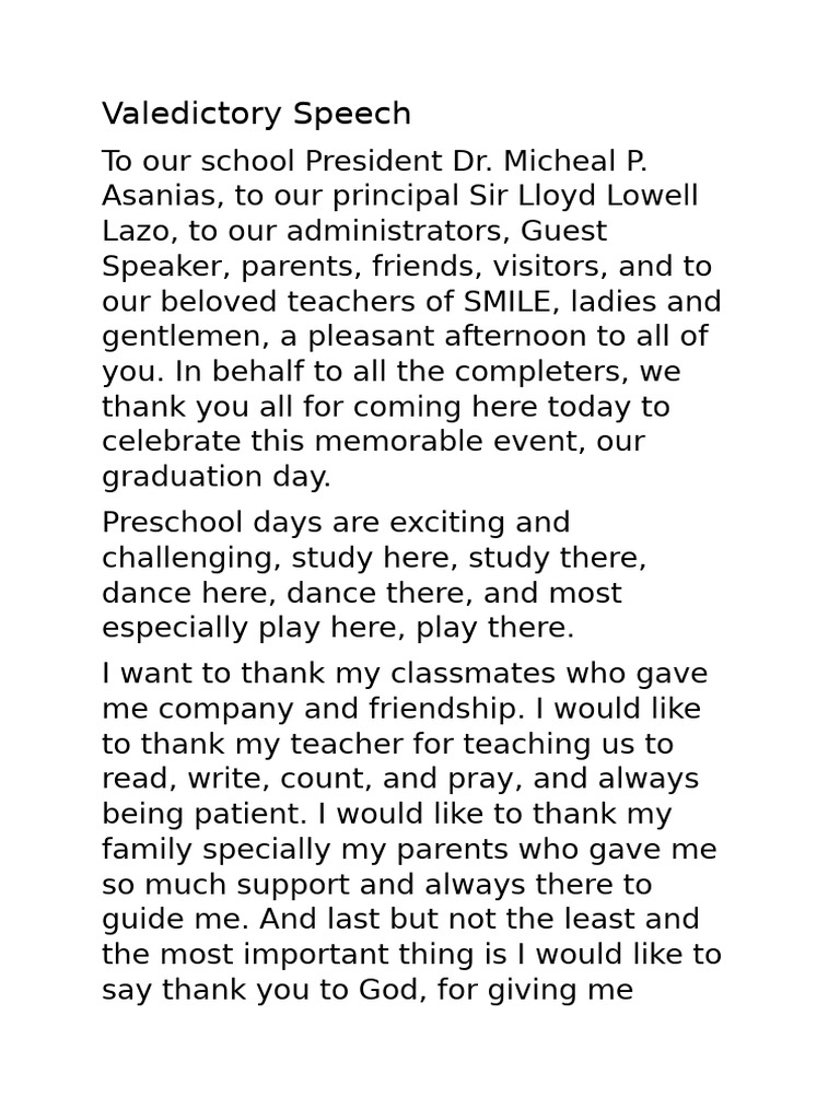 KINDERGARTEN Valedictory Speech | PDF