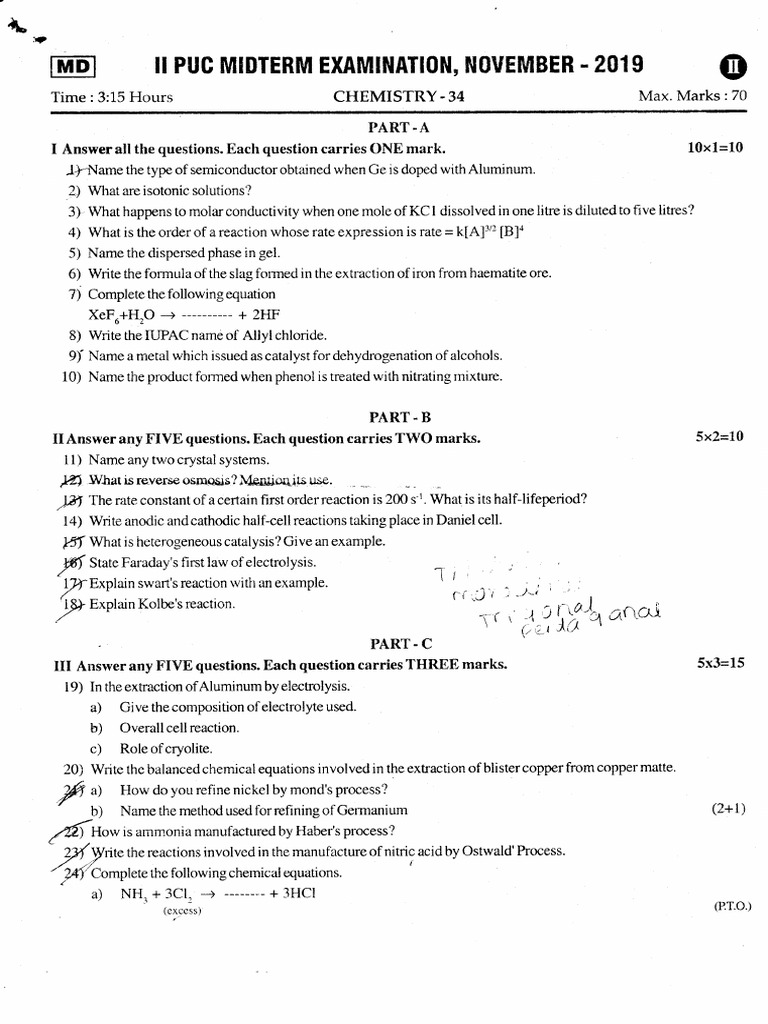 2nd Puc Chemistry Midterm Exam Question Paper Eng Version 2019-20 Mandya | PDF | Chemistry ...