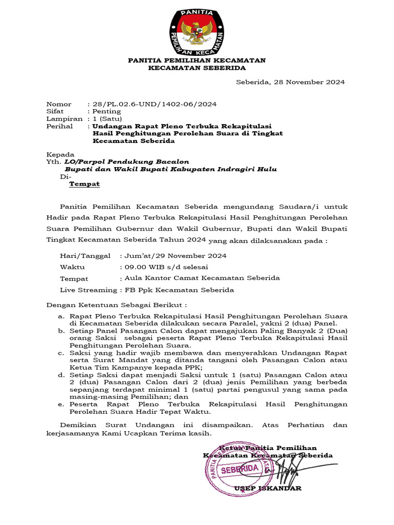 Undangan-LO Parpol Pendukung Bacalon Bupati Dan Wakil Bupati Kab. Indragiri Hulu | PDF