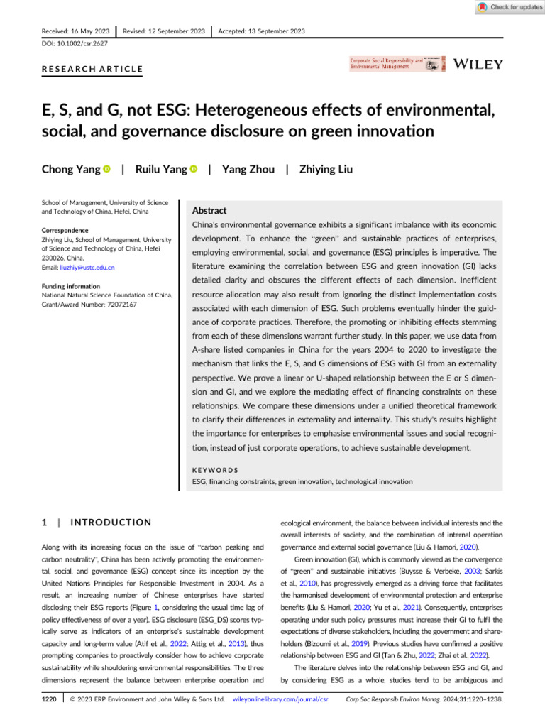 Corp Soc Responsibility Env - 2023 - Yang - E S and G Not ESG Heterogeneous Effects of ...