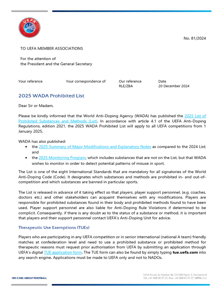 2025 WADA Prohibited List Overview | PDF | Doping In Sport | Justice