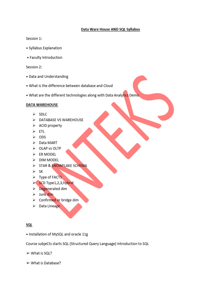 Data Warehouse SQL Syllabus | PDF | Sql | Databases