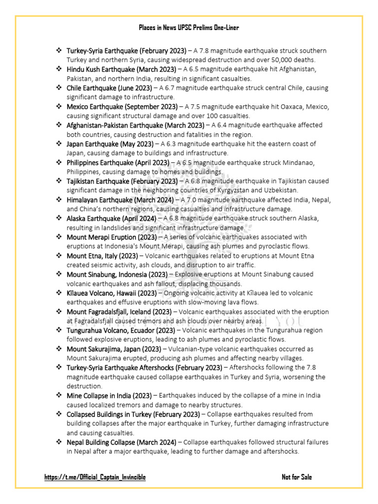 Places in News UPSC Prelims One-Liner | PDF | Tsunami | Earthquakes
