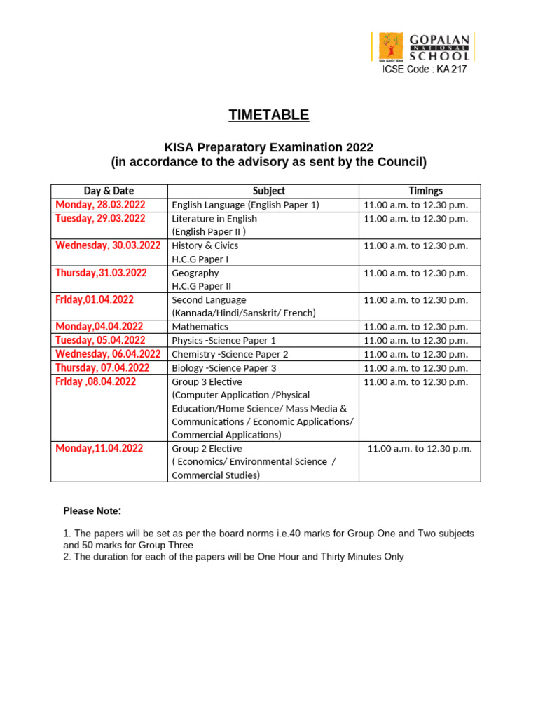 KISA Preparatory Exam 2022 Time Table | PDF