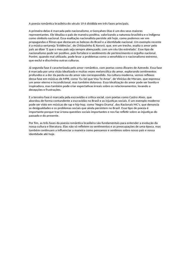 A Poesia Romântica Brasileira Do Século 19 É Divid | PDF