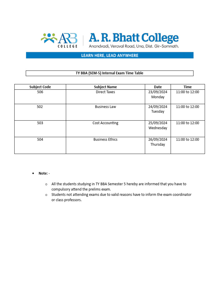 Sem 5 Internal Exam Time Table | PDF