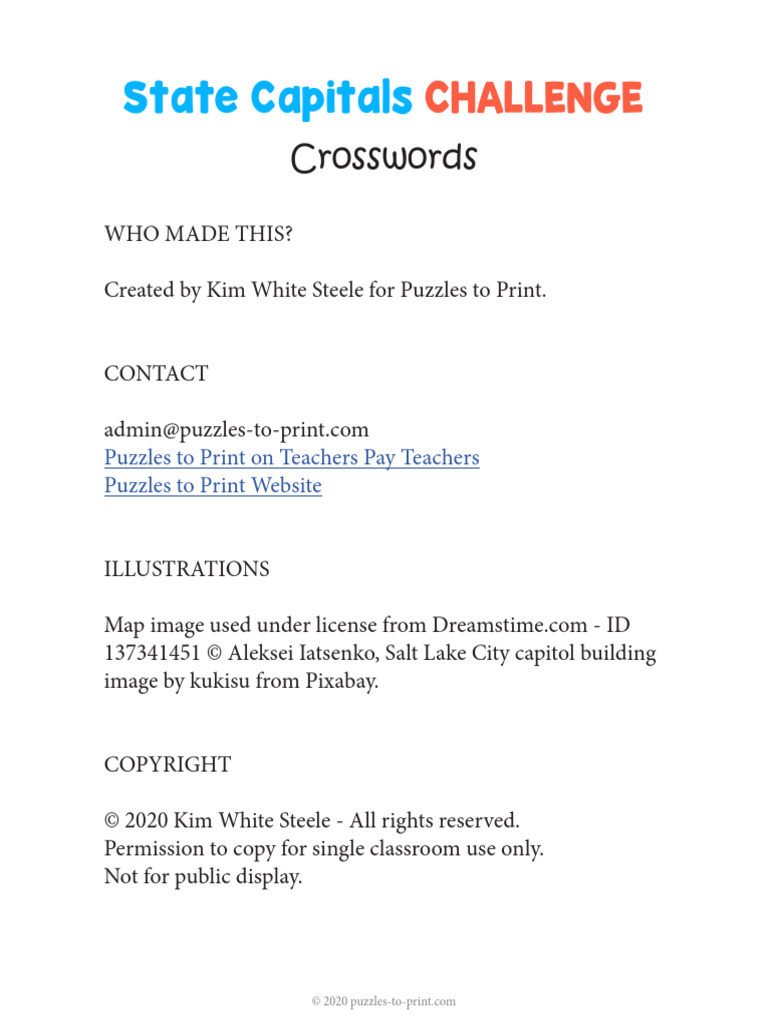 1 - USA STATE CAPITALS Crossword Puzzle Worksheets Activity | PDF | U.S ...