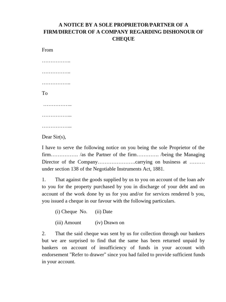 Notice of Cheque Dishonour Under Section 138 | PDF