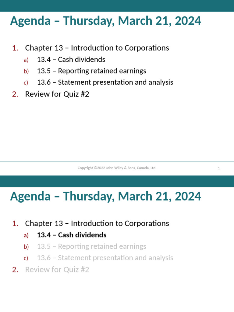 Thursday, March 21 Lecture Slides - Chapter 13 | PDF | Dividend | Retained Earnings