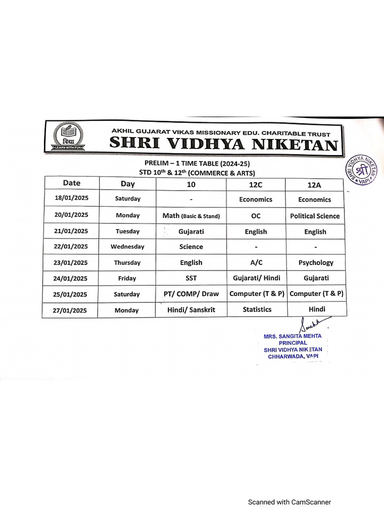 Prelim - 1 Time Table 10th & 12th Com-Arts | PDF