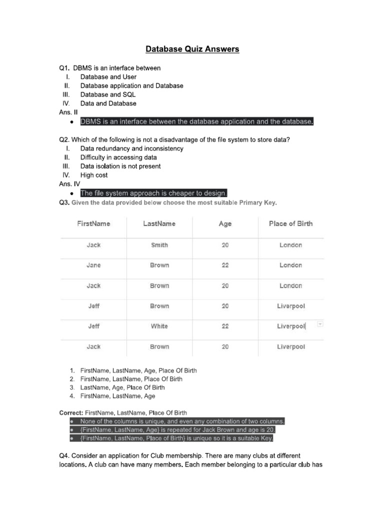 Database Quiz Answers | PDF