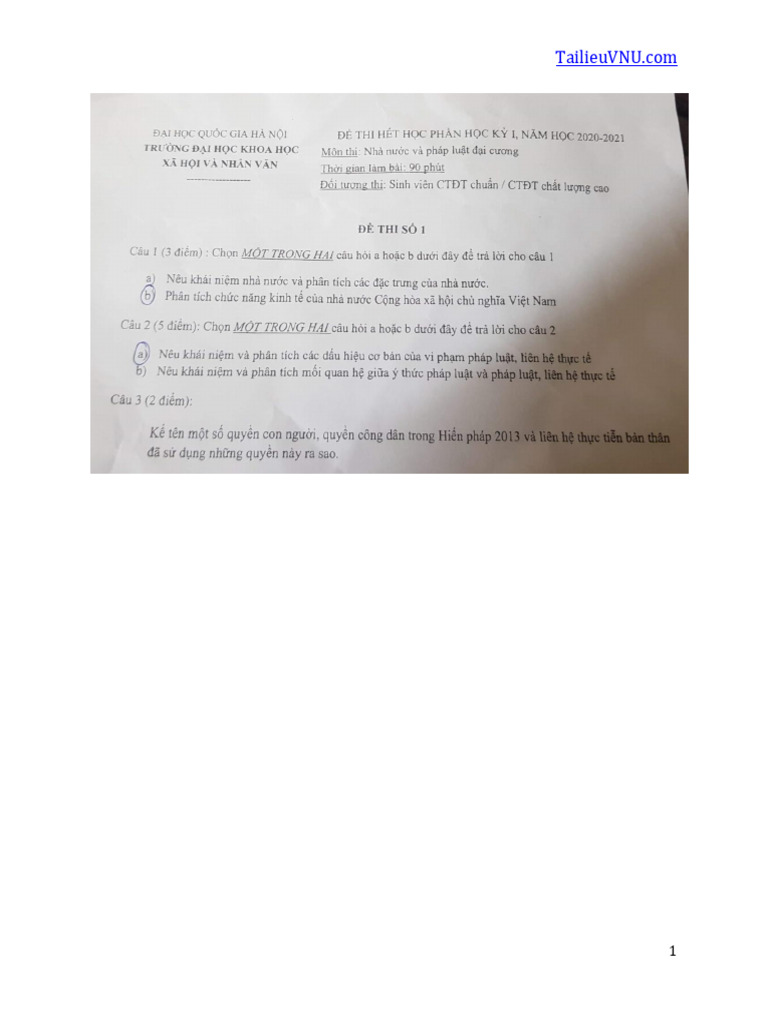 Đề thi Nhà nước pháp luật đại cương đề số 1 kỳ 1 năm học 2020-2021 – USSH | PDF