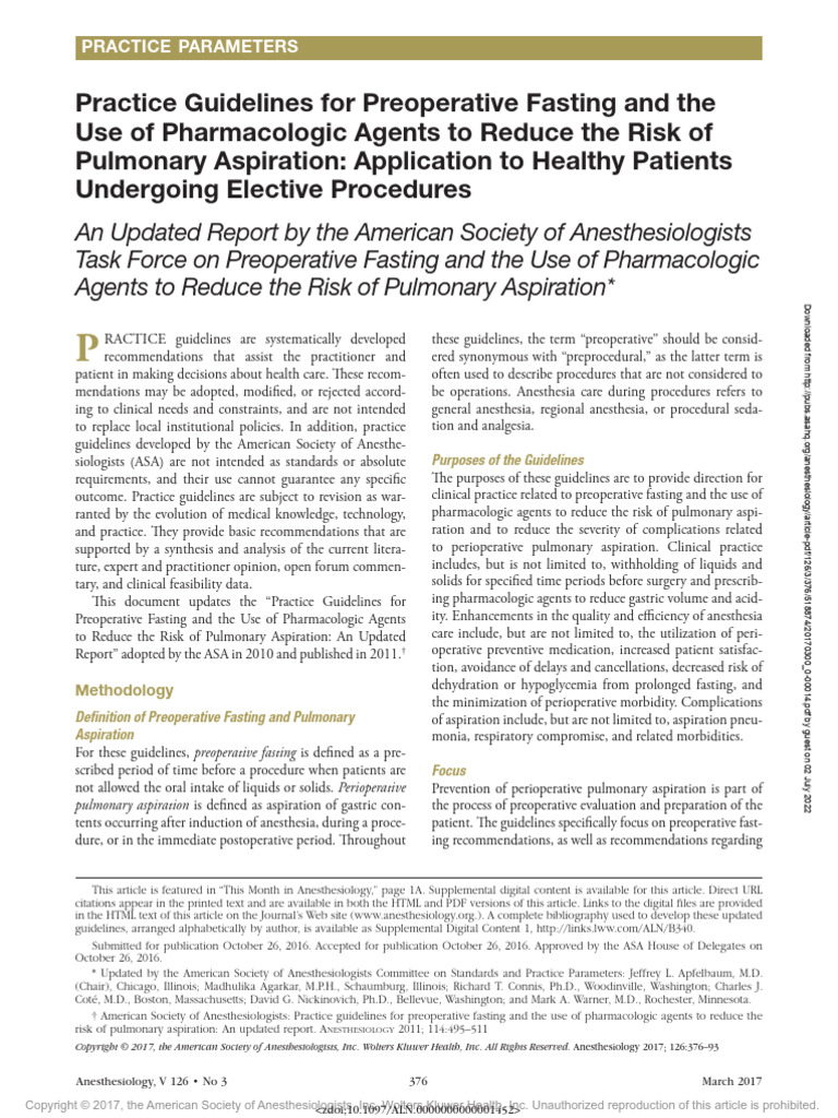 Practice Guidelines For Preoperative Fasting and The Use of ...