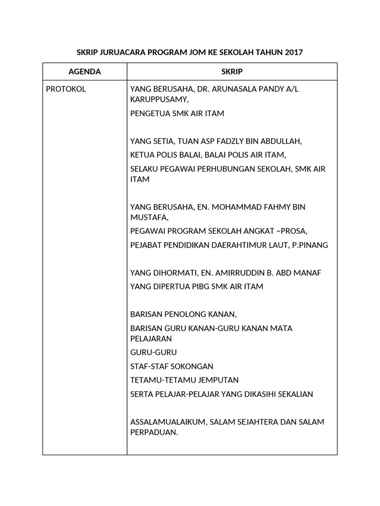 Skrip Juruacara Program Jom Ke Sekolah Tahun 2017 | PDF