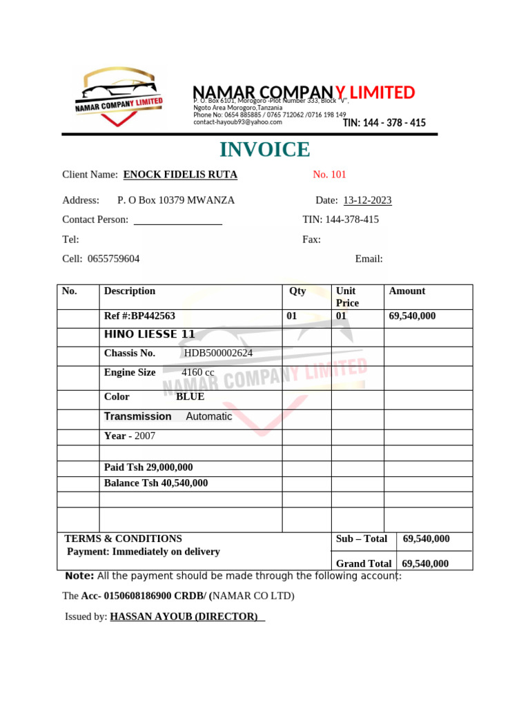 Invoice for HINO LIESSE 11 Purchase | PDF