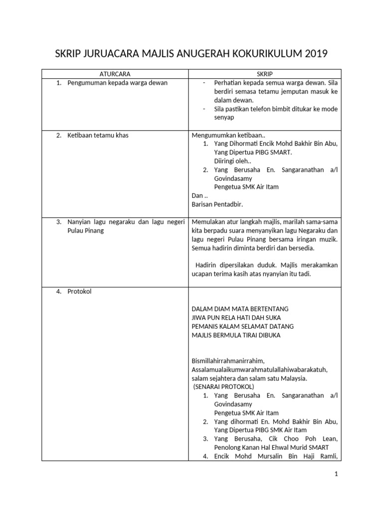 SKRIP JURUACARA MAJLIS ANUGERAH KOKURIKULUM 2019 | PDF