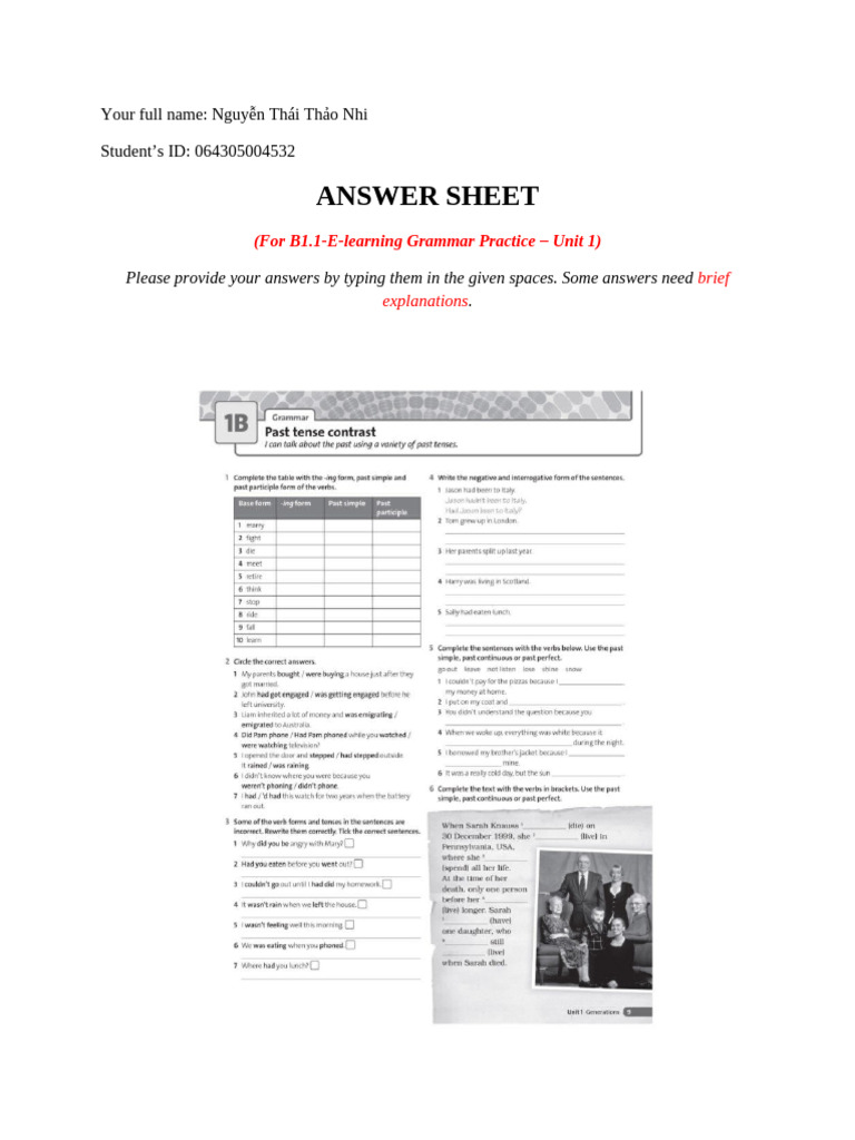 B1.1-E-learning Grammar Practice - Unit 1 (Answer Sheet) | PDF