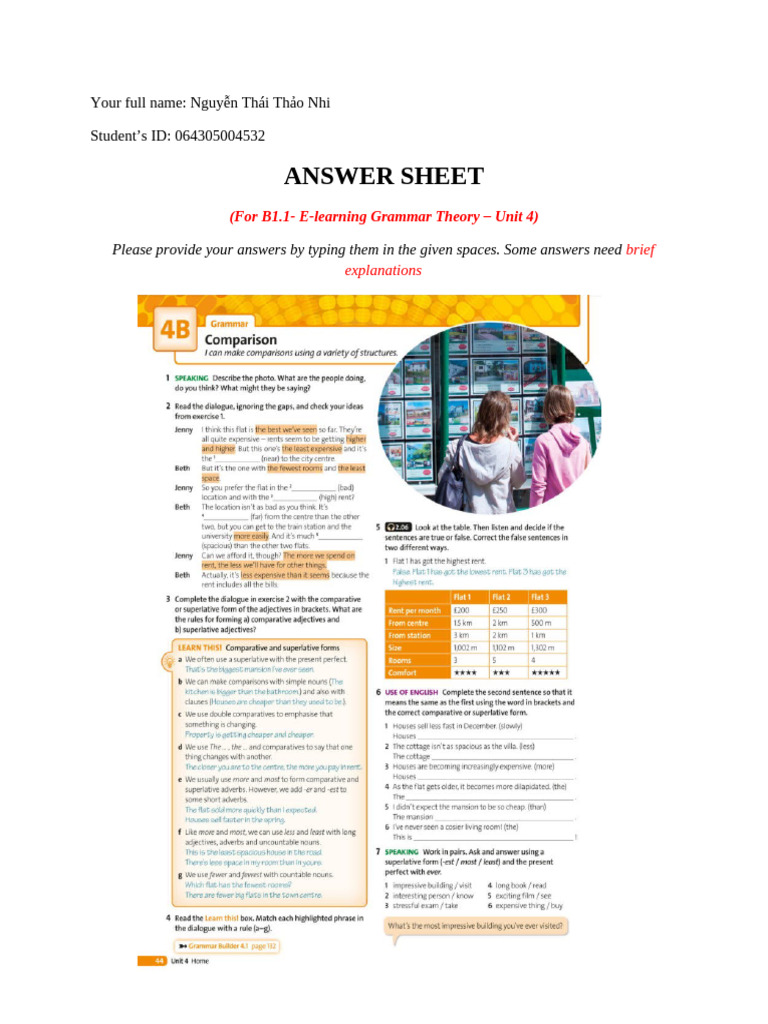 B1.1-E-learning Grammar Theory - Unit 4 (Answer Sheet) | PDF