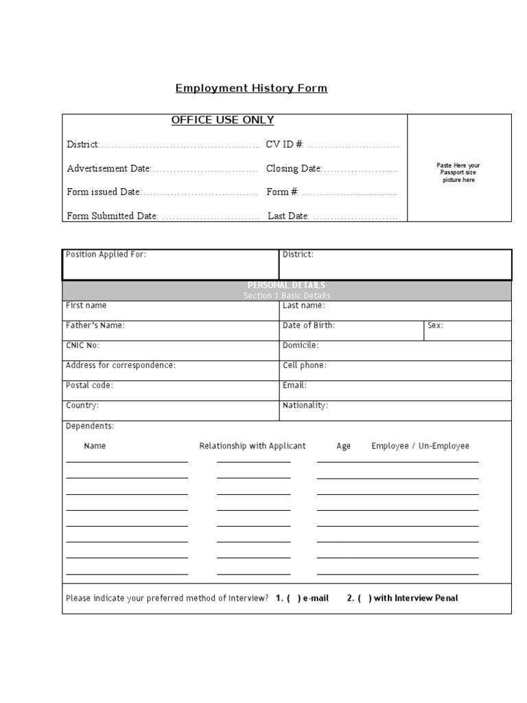 Employment History Form Office Use Only: Section 1 Basic Details | PDF ...