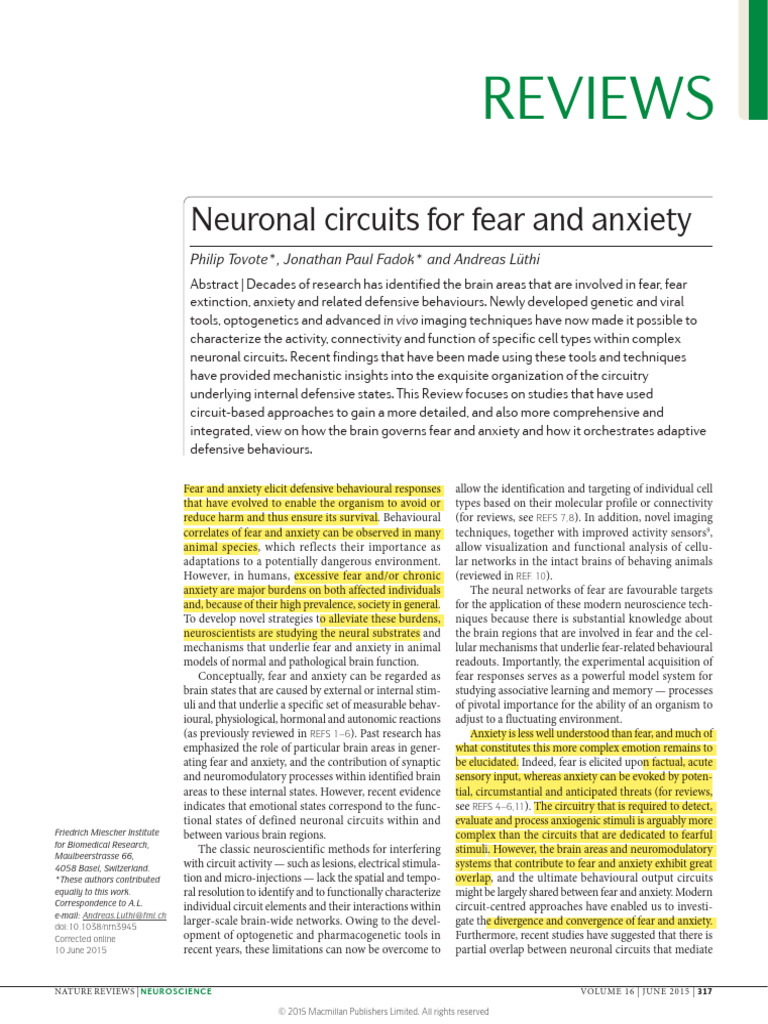 Neuronal Circuits For Fear and Anxiety | PDF | Classical Conditioning ...