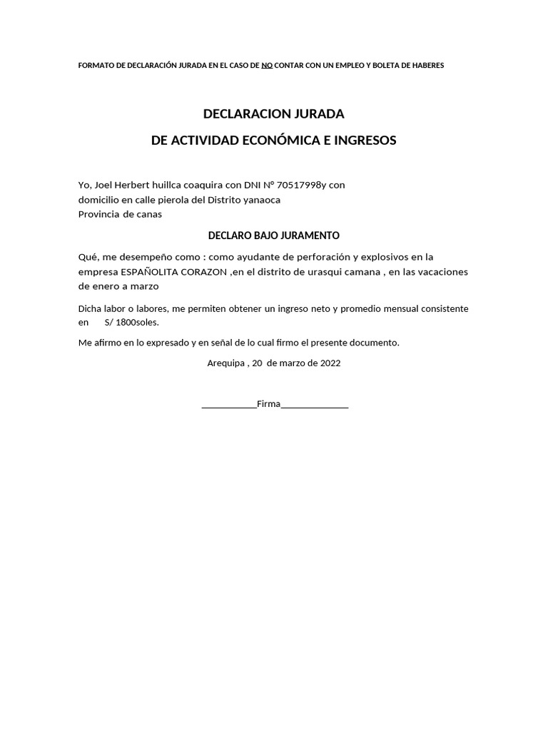 2 Formato de Declaracion Jurada de Ingresos Economicos 2022 II | PDF