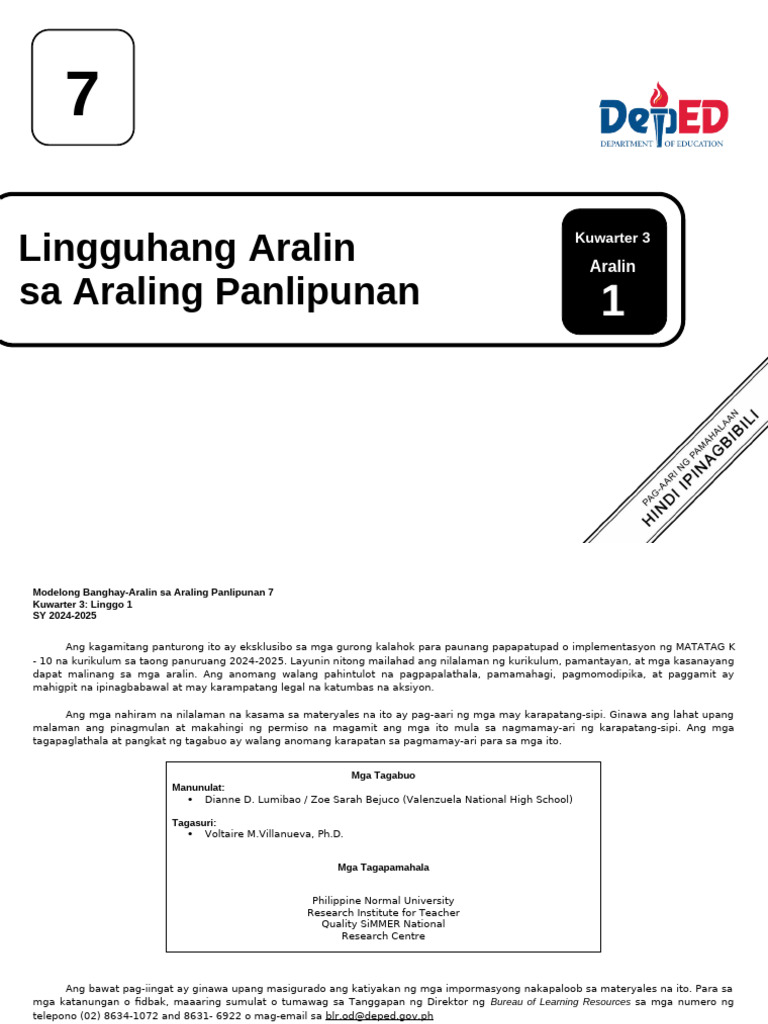 LE - Q3 - AP 7 - Aralin 1 - Linggo 1 | PDF