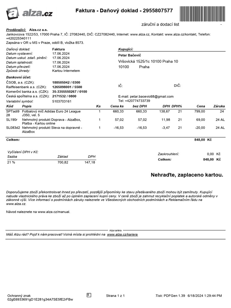 Faktura - Daňový Doklad - 2955807577: Alza - CZ A.S | PDF