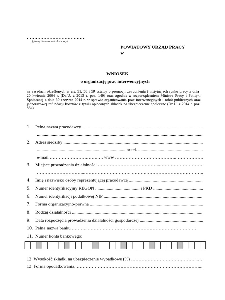 Wniosek o Organizacje Prac Interwencyjnych | PDF