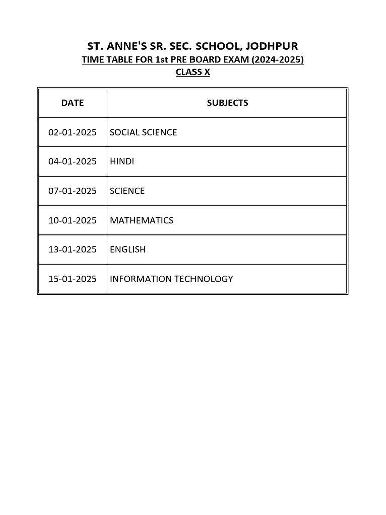 Class X_Time Table for 1st Pre Board Exam(2024-25) | PDF