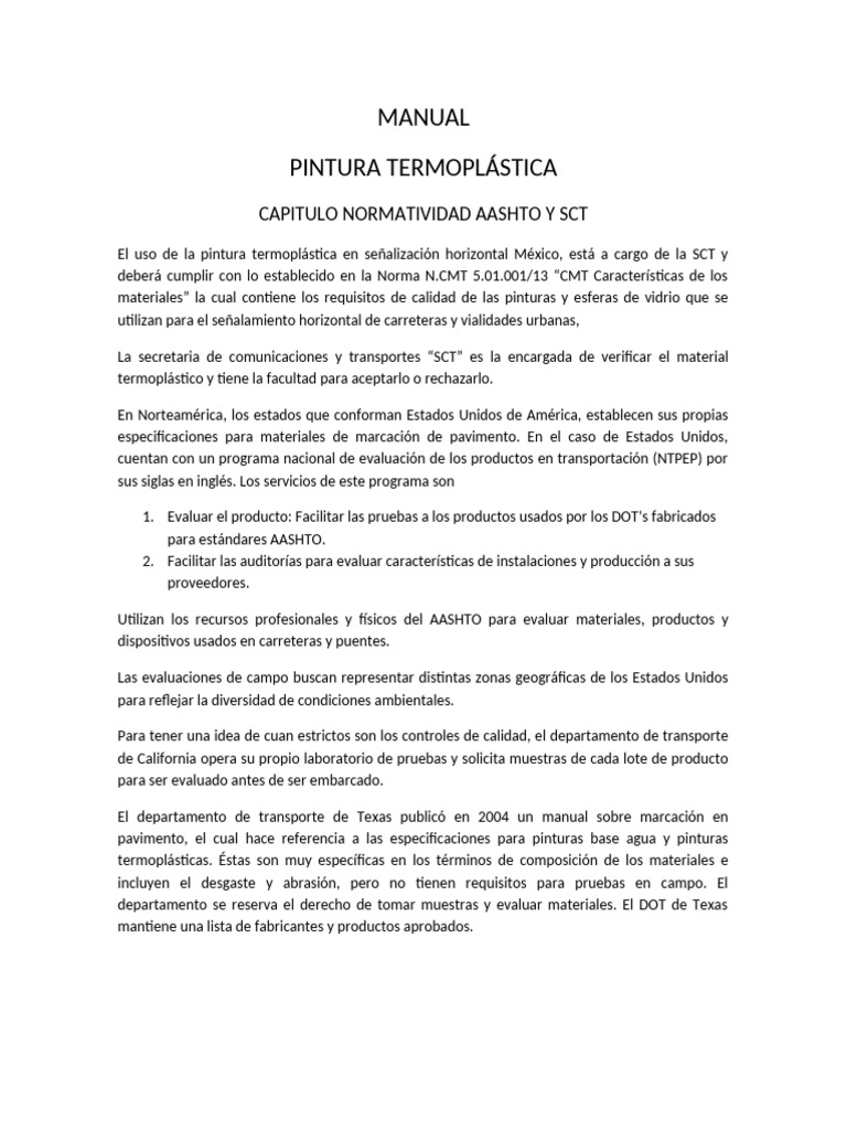 Pintura Termoplástica MANUAL AASHTO Y SCT | PDF