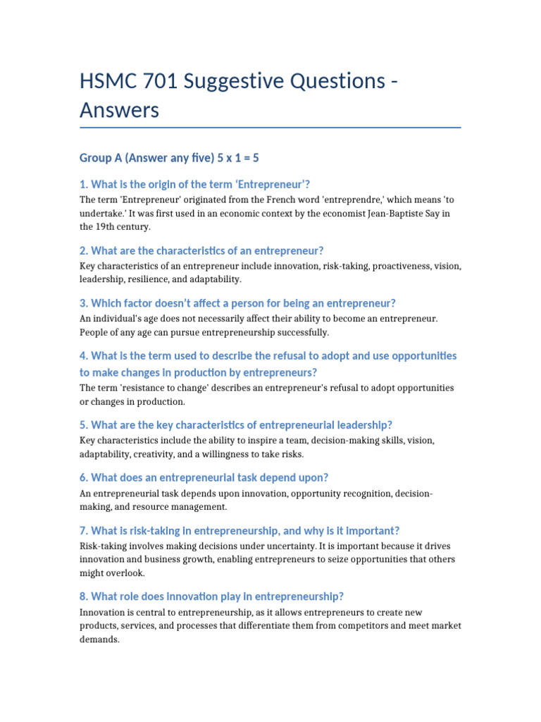 HSMC - 701 - Suggestive - Questions - Answers 2 | PDF | Entrepreneurship | Project Management