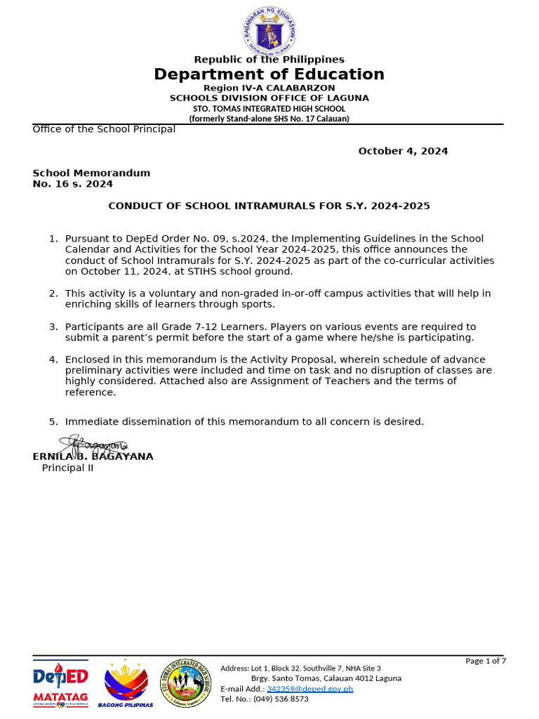 2024 Memo 16 Conduct of School Intramurals | PDF