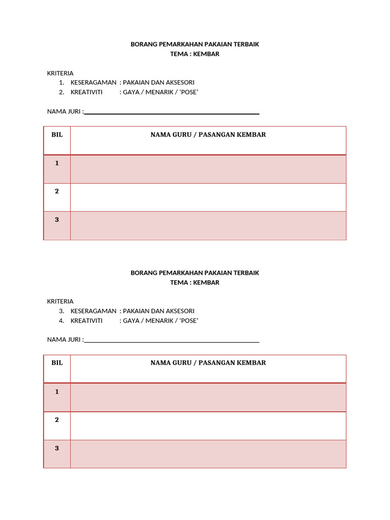 Borang Pemarkahan Pakaian Terbaik | PDF