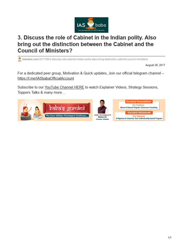 3 Discuss The Role of Cabinet in The Indian Polity Also Bring Out The ...