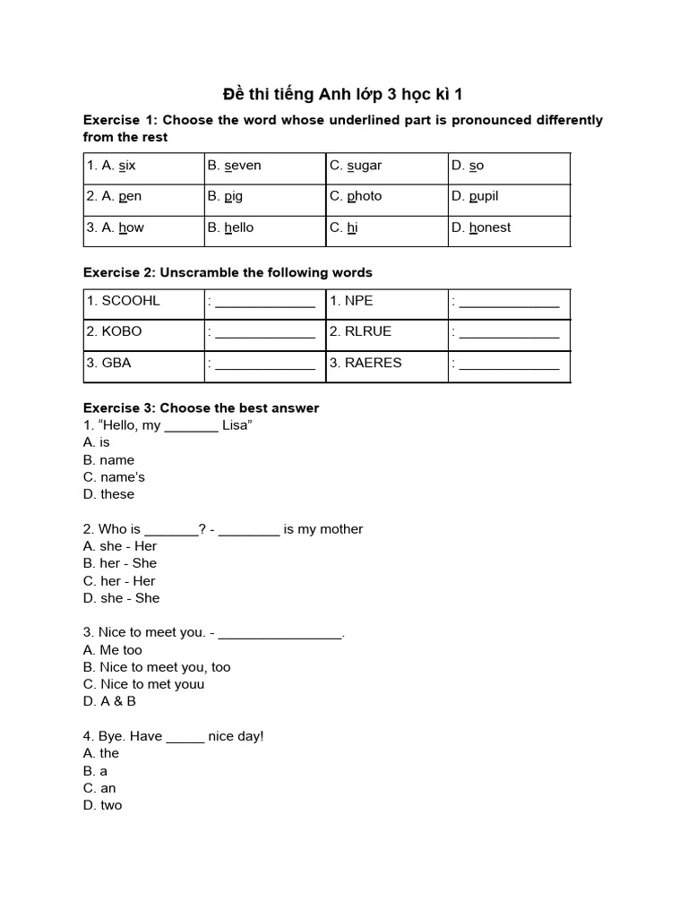 Đề Thi Tiếng Anh Lớp 3 Học Kì 1 | PDF | Linguistics | Syntax