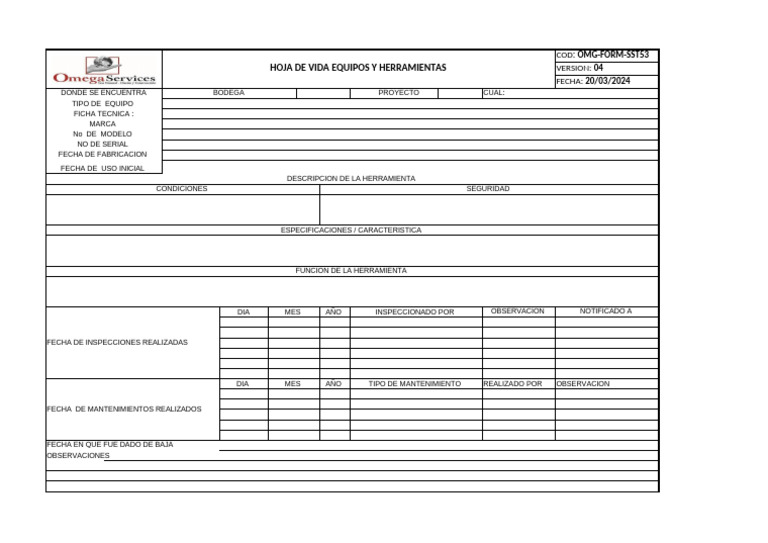 Omg-Form-sst53 Hoja de Vida Equipos y Herramientas | PDF