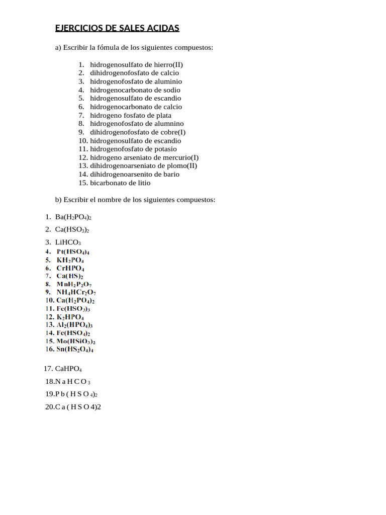 Ejercicios de Formulación de Sales Acidas | PDF