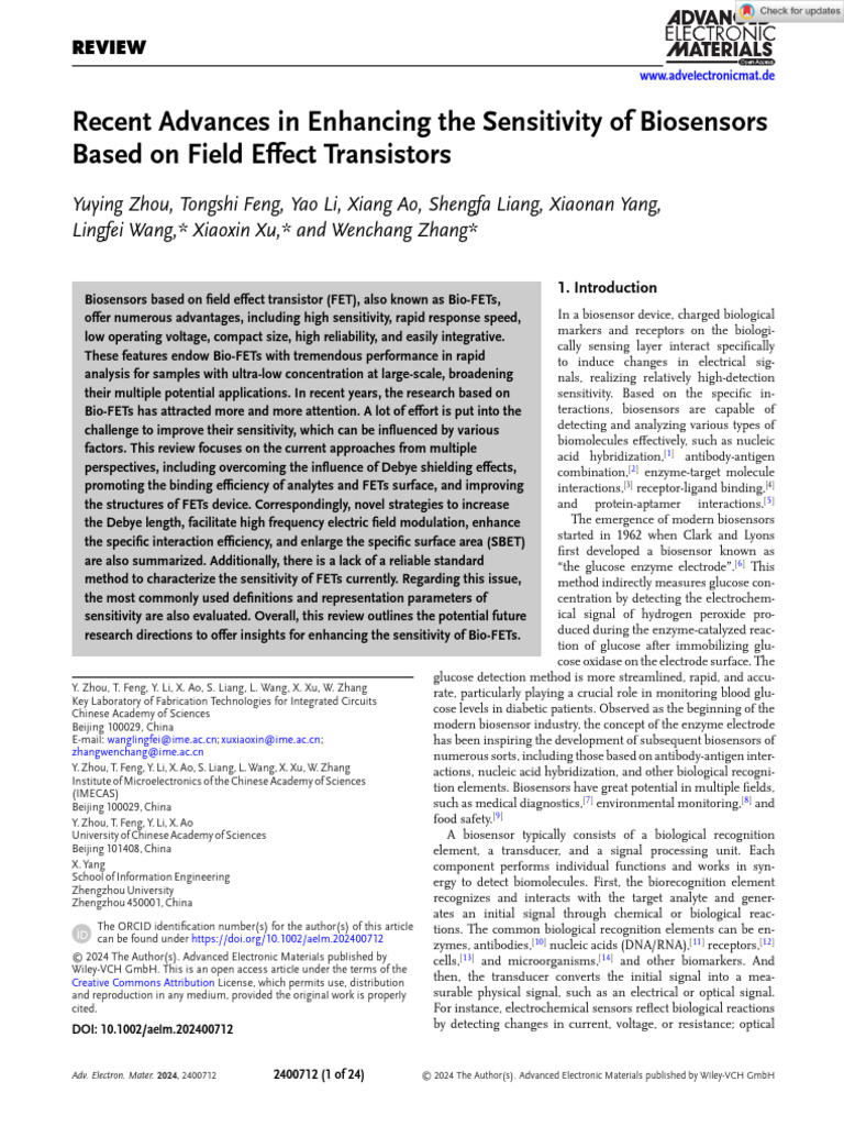 Adv Elect Materials - 2024 - Zhou - Recent Advances in Enhancing The Sensitivity of Biosensors ...