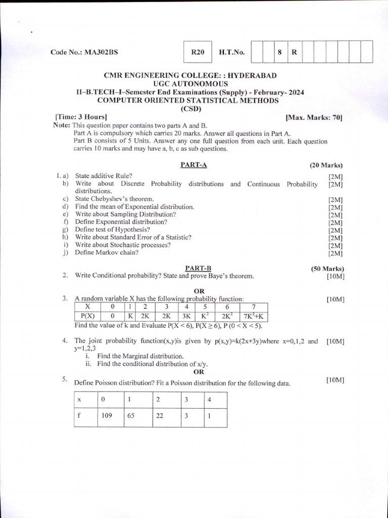 Computer Oriented Statistical Methods R20 FEB-2024 Supply QP | PDF
