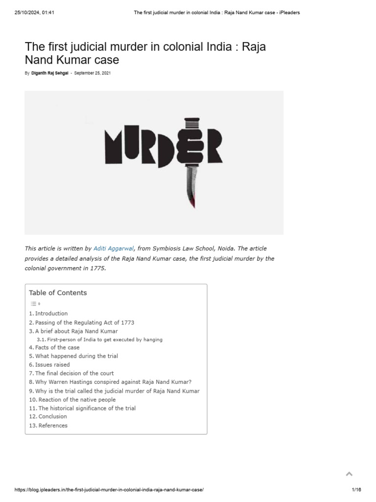 The First Judicial Murder in Colonial India - Raja Nand Kumar Case - Ipleaders | PDF ...