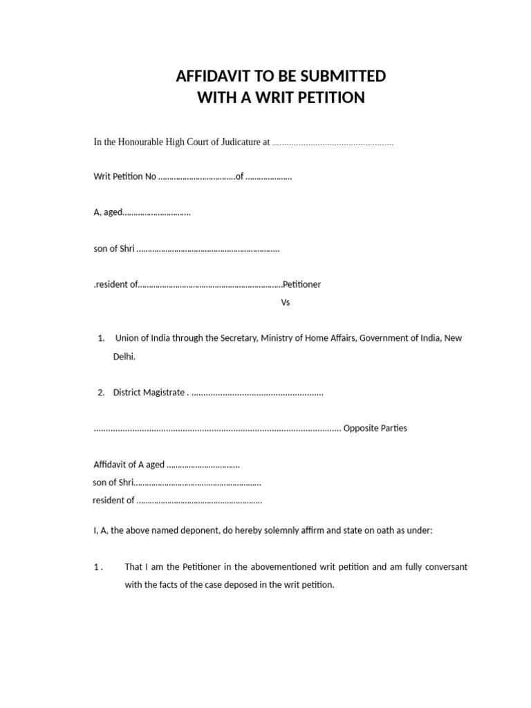 Affidavit To Be Submitted With A Writ petition-Affidavits-Miscellaneous-1985 | PDF
