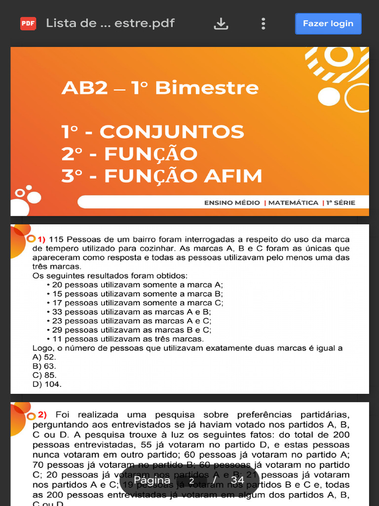 Lista de Exercícios - AB2 - 1° Série - 1° Bimestre - PDF - Google Drive | PDF