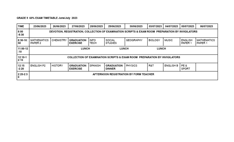 Grade 9 Exam Timetable June/July 2023 | PDF