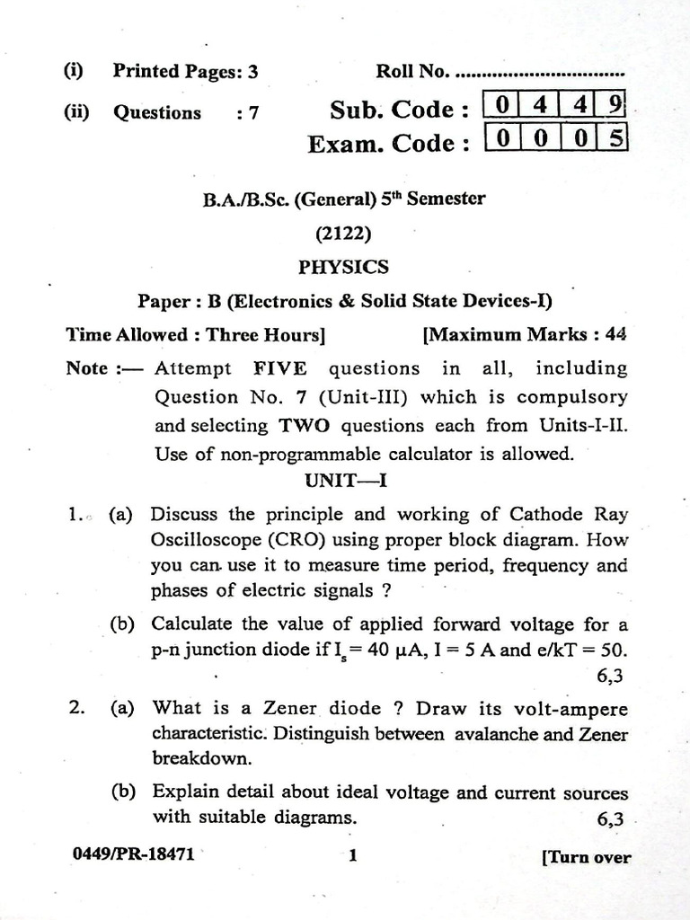 BA BSC - General - 5th Sem - Physics - Paper B - Electronics and Solid State Devices-I ...
