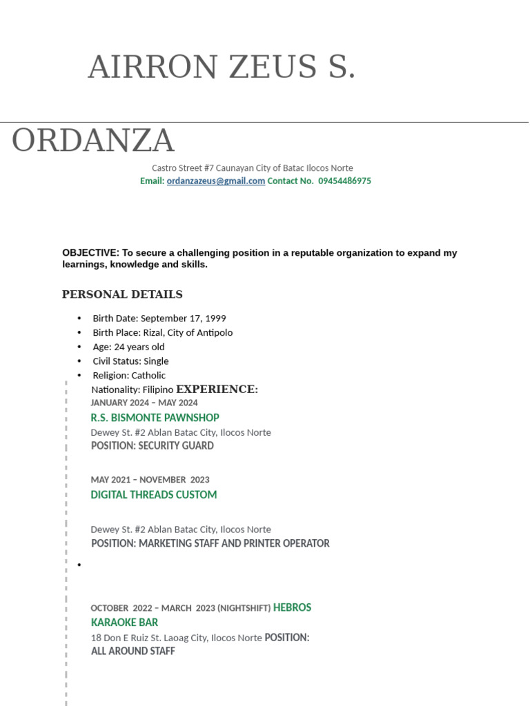 Resume of Airron Zeus S. Ordanza | PDF