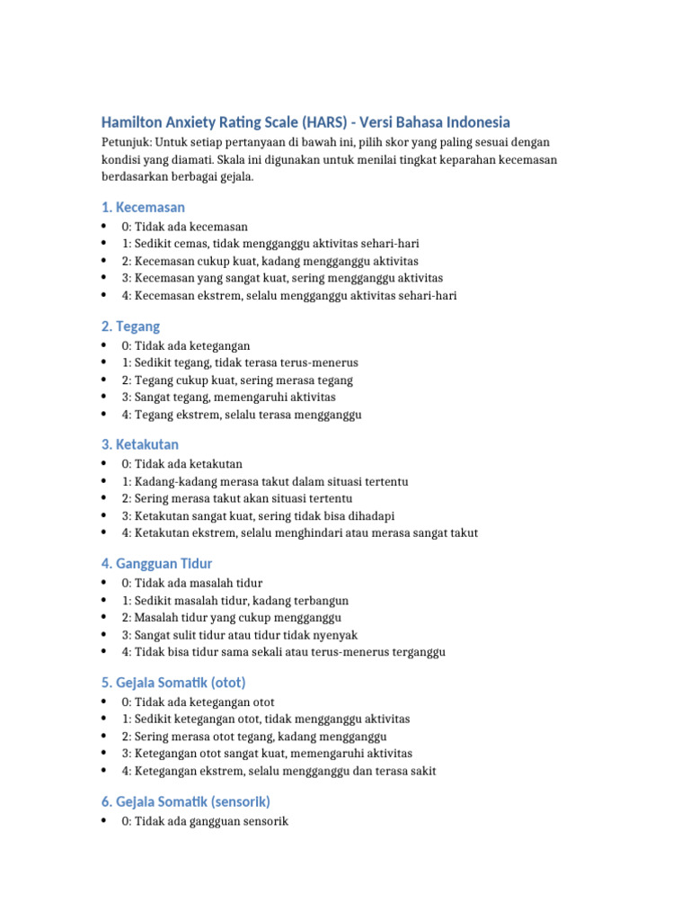 Hamilton Anxiety Rating Scale HARS | PDF