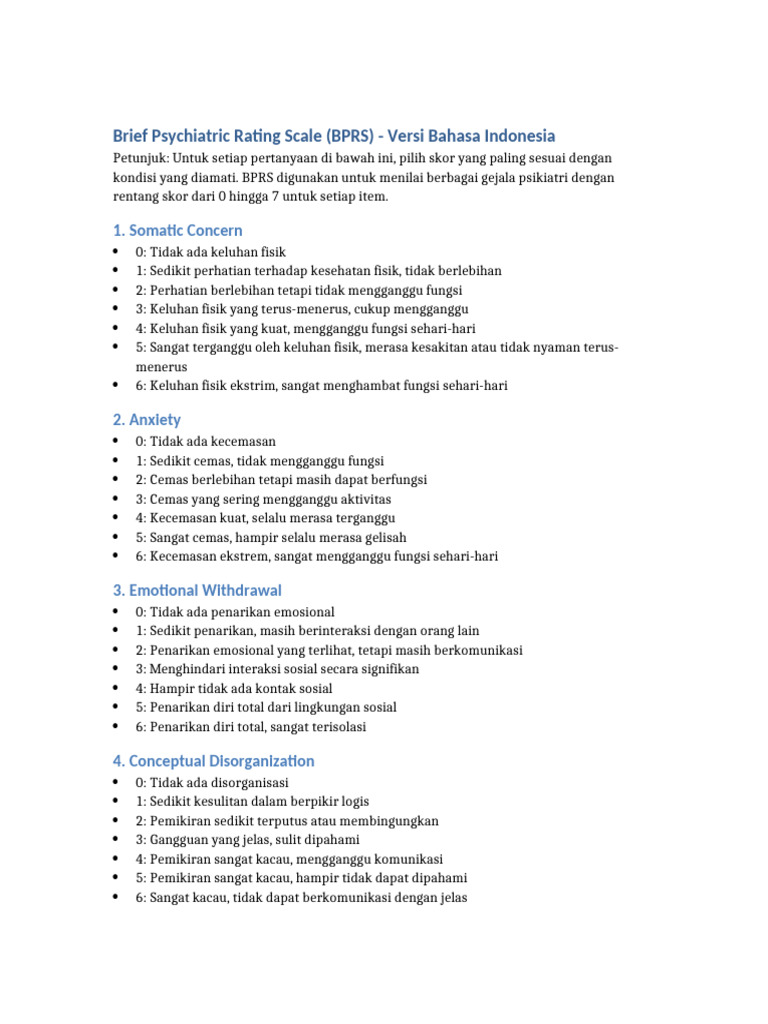 Brief Psychiatric Rating Scale BPRS | PDF